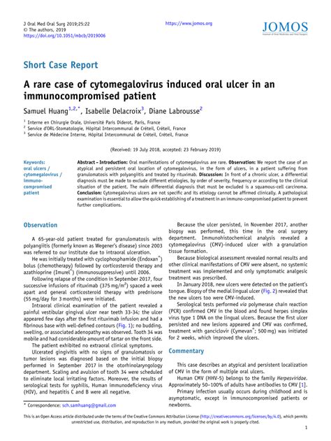 Pdf A Rare Case Of Cytomegalovirus Induced Oral Ulcer In An
