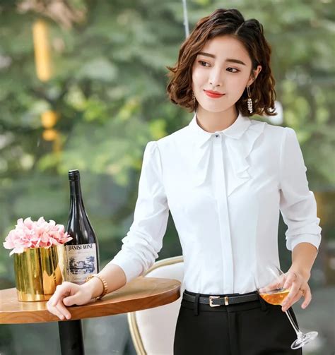 Formal Women Blouses And Shirts White Long Sleeve Office Ladies Work Wear