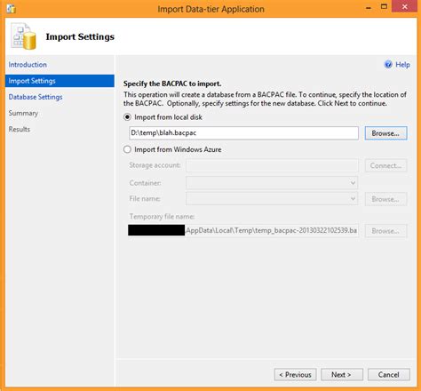 how to restore azure database bacpac file to sql server