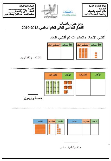 الرياضيات المتكاملة ورقة عمل الآحاد والعشرات للصف الأول ملفاتي