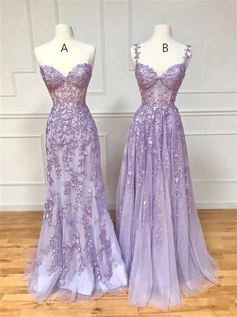 Long Purple Lace Prom Dresses A Line Formal Evening Dress – Jkprom
