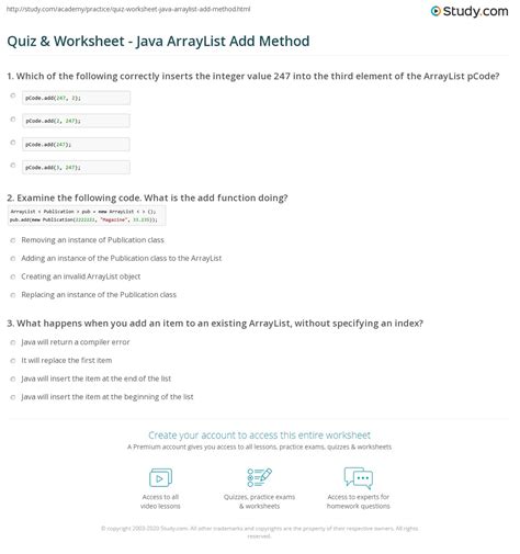 quiz and worksheet java arraylist add method