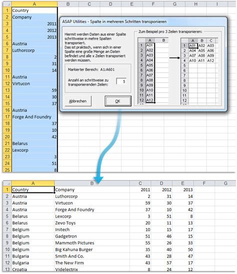 asap utilities for excel spalten and zeilen spalte in mehreren