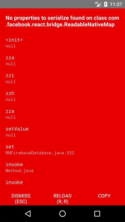 javascript react native firebase no properties to serialize found on