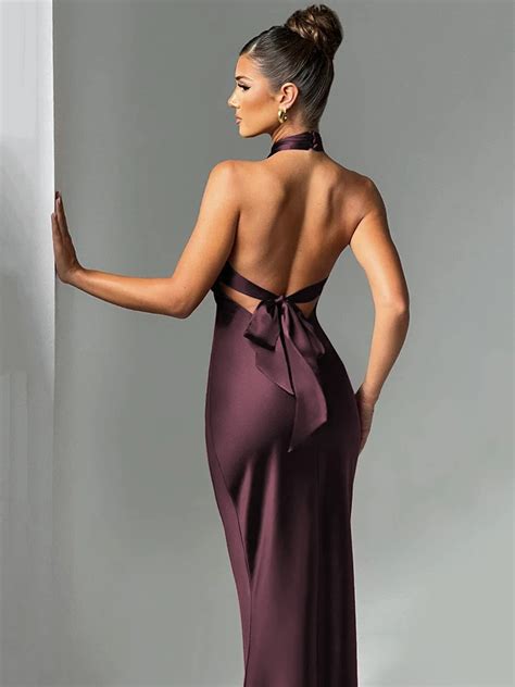 Mozision Satin Backless Sexy Maxi Dress For Women Summer New Halter