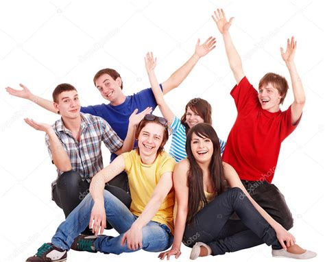 Grupo De Jóvenes Felices Con La Mano Arriba — Foto De Stock 3321296