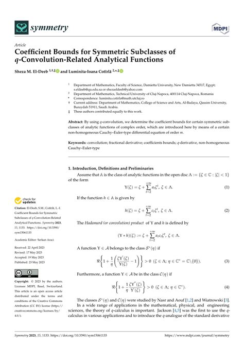 pdf coefficient bounds for symmetric subclasses of q convolution