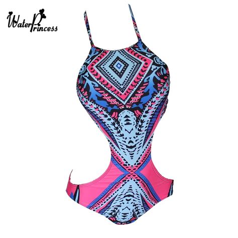 2017 Water Princess Sexy One Piece High Neck Swimsuit Print Strappy