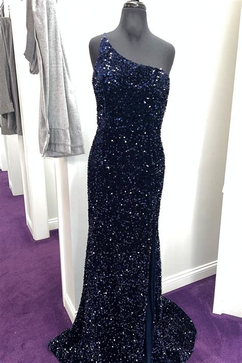 Navy Blue Sequin One Shoulder Mermaid Long Formal Dress Dressesforparty