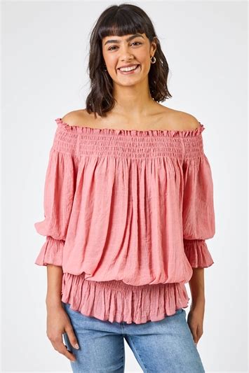 Coral Lace Detail Shirred Bardot Top Roman Uk