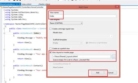 design a common layout with header footer and body in mvc