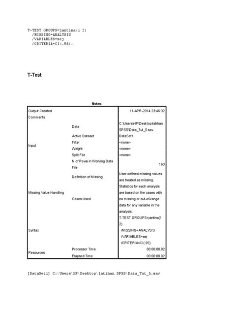 T Test T Test Groups Jantina 1 2 Missing Analysis Variables Sej