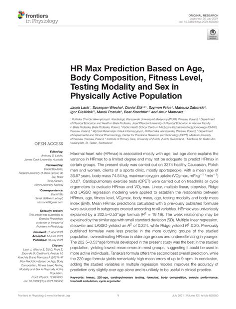 Pdf Hr Max Prediction Based On Age Body Composition Fitness Level