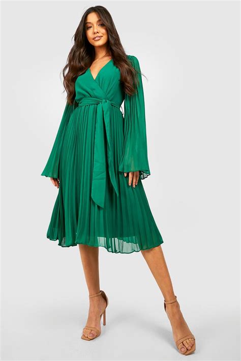 Chiffon Pleated Wrap Midi Dress Boohoo