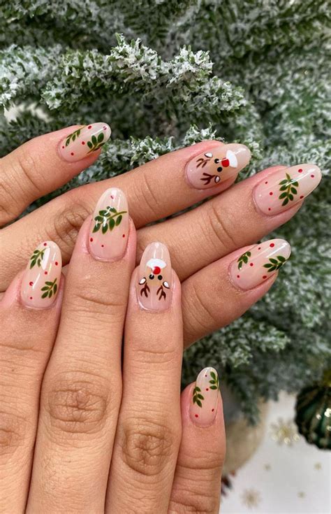 50 Festive Holiday Nail Designs And Ideas Green Leaf Short Sheer Nails