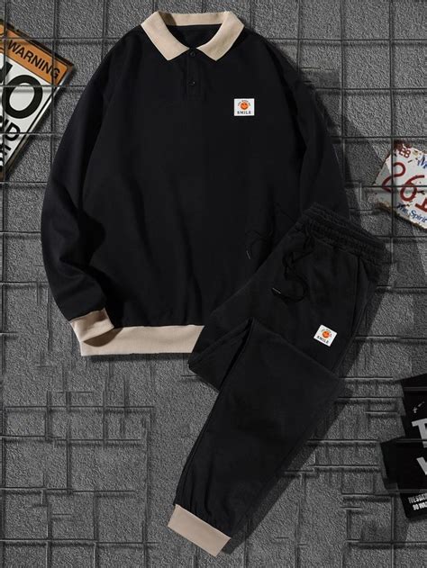 Men Patch Detail Contrast Trim Polo Neck Sweatshirt And Joggers Hype