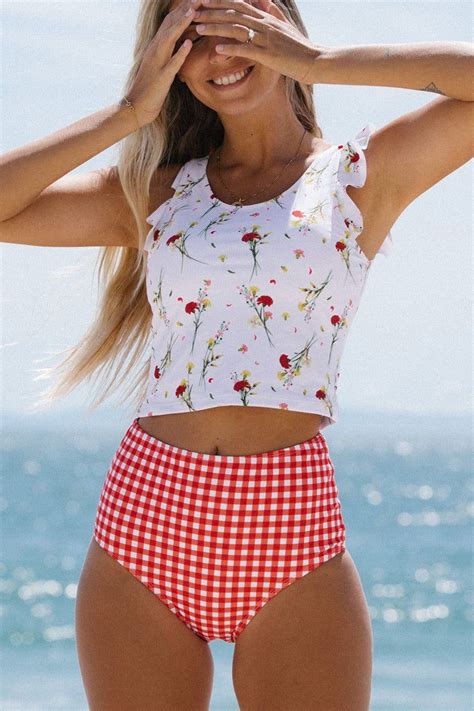 Ruffle Shoulder Flowerand Lattice Print Tankini Set