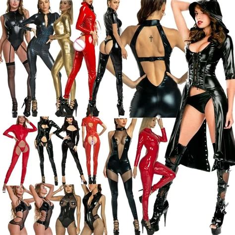 Sexy Women Faux Leather Catsuit Pvc Latex Bodysuit Front Zipper Open