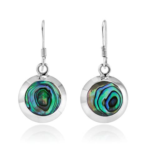 Earrings Drop And Dangle 925 Sterling Silver Abalone Shell Round Dangle