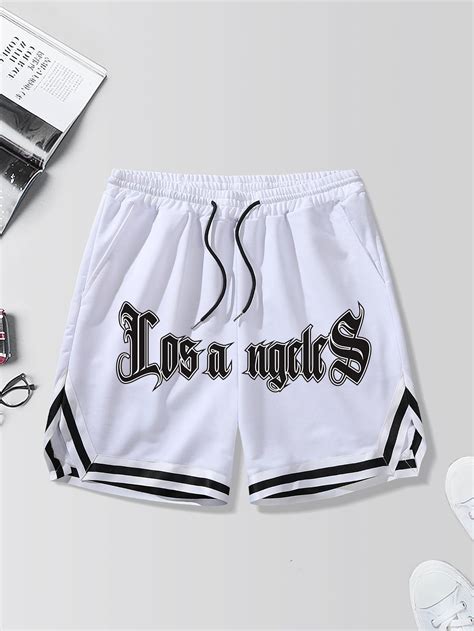 White Casual Collar Fabric Letter Striped Track Shorts Embellished
