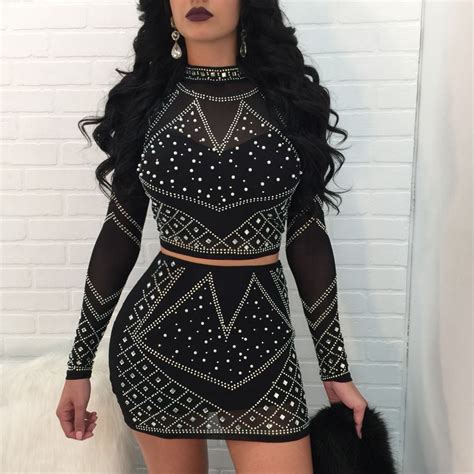 Rhinestone Embellished 2 Piece Bodycon Dress Women Sexy Sheer Mesh Long