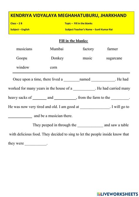 Fill In The Blanks Online Exercise For Grade 2 Live Worksheets
