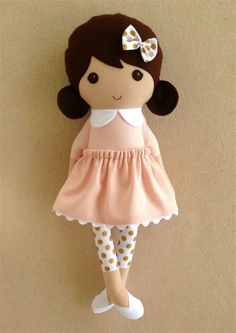 Fabric Doll Rag Doll Brown Haired Girl In Sweet Pink Dress Fabric