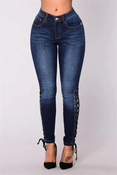 Tassel Fashion Jeans Women Classic High Waist Skinny Pencil Blue Denim