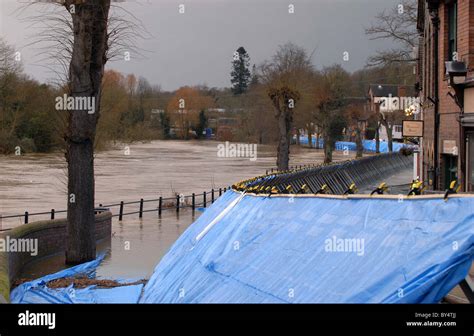 Flood Defence Barriers Hold Back Flood Water In Ironbridge Shropshire