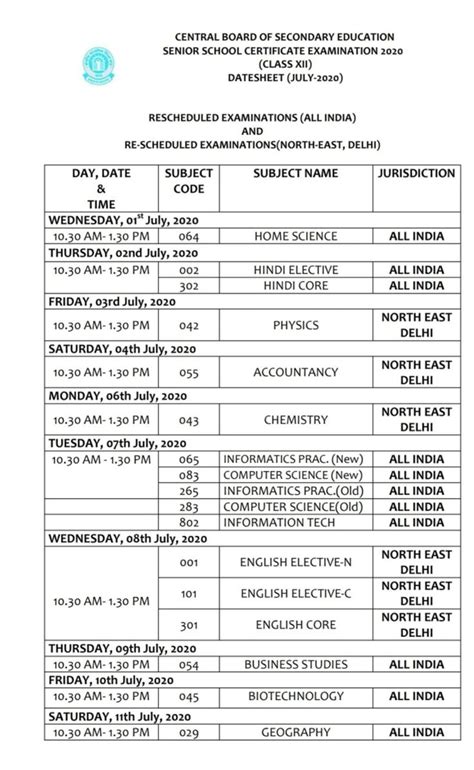 Cbse Class 12th New Datesheet Board Exam 2020 12th Exam Board Exam