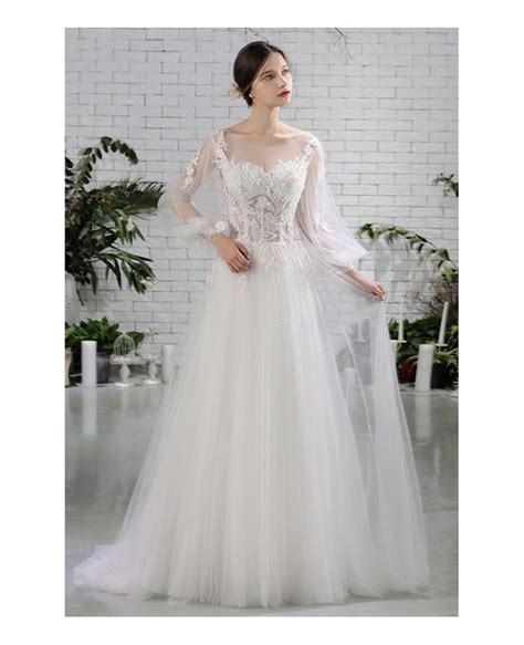 Flowy Long Tulle Beaded Flowers Beach Wedding Dress With Sheer Long