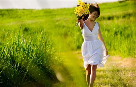 Wallpaper Greens Grass Girl Joy Flowers Freshness Nature Smile