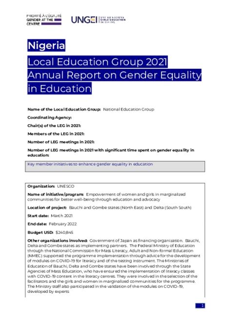 Nigeria Local Education Group 2021 Annual Report On Gender Equality In