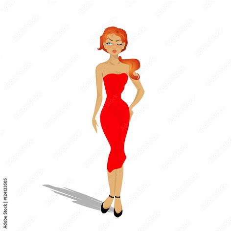 Sexy Girl In Red Dress Cartoon Character Of Young Woman Girl Stock