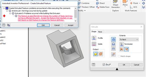cannot extrude to next in an inventor part file trying to fill internal
