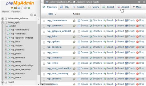 how to import a database or table with phpmyadmin liquid web