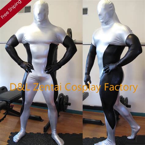 Free Shipping Dhl 2016 Sexy Costume Black And Silver Shiny Metallic Full
