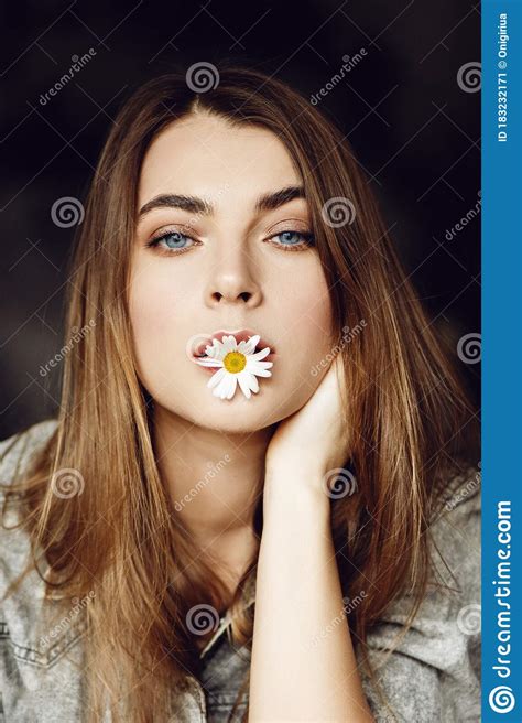 Beautiful Woman With Chamomile Stock Image Image Of Love Mouth