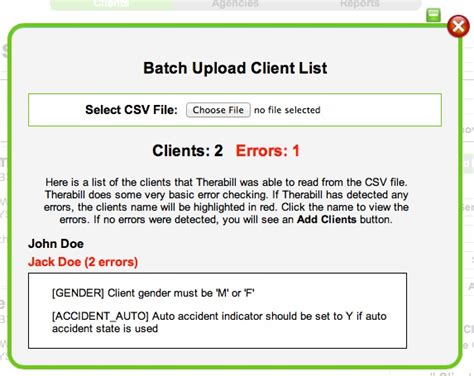 upload csv file of client information therabill