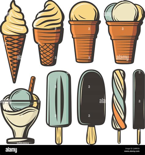 Helados De Colores Vintage En Conos De Gofre En Palos Con Diferentes