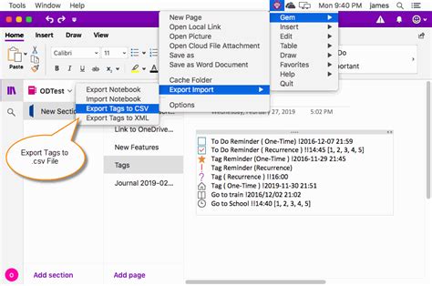 mac export all tags from the current mac onenote page to