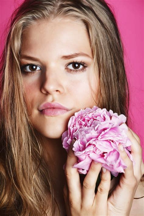 Young Beauty Woman With Flower Peony Pink Closeup Makeup Soft Te Stock