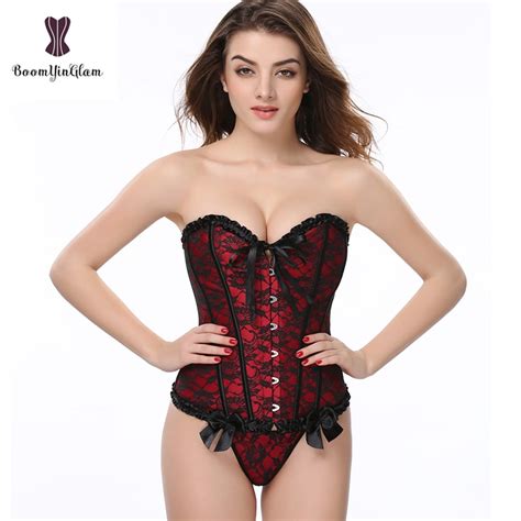 Red Women Mesh Grid Lingerie Basque Corselet Bustier Floral Lace