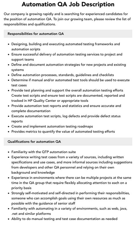 automation qa job description velvet jobs