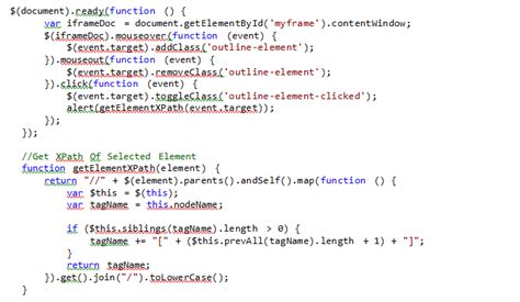 get element xpath of selected element of iframe using jquery