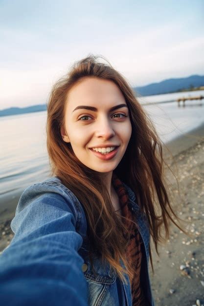 Premium Ai Image Portrait Of A Young Woman Taking Selfies On The Beach