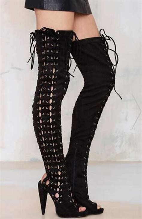 spring new fashion women open toe black suede leather over knee