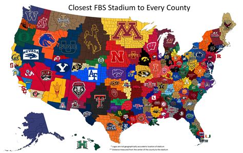 Closest Fbs Stadium To Every County In The U S A [oc] [2747x1738