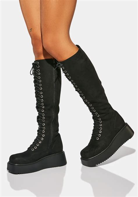 Lamoda Vegan Suede Knee High Lace Up Boots Black Dolls Kill