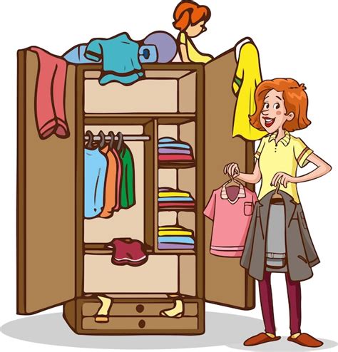 Premium Vector Young Pretty Woman Hanging Dresses In Wardrobe In